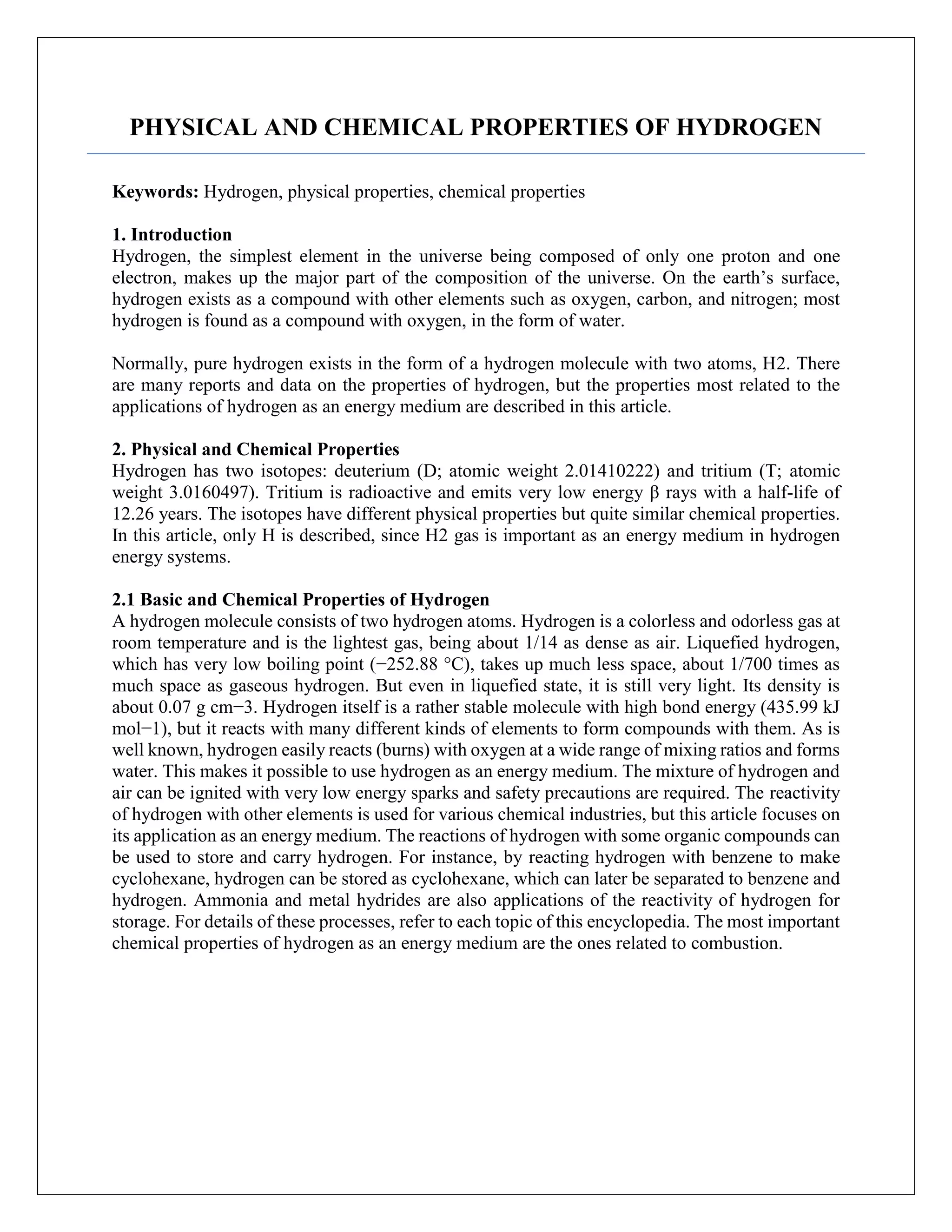 Physical and chemical properties of hydrogen | PDF