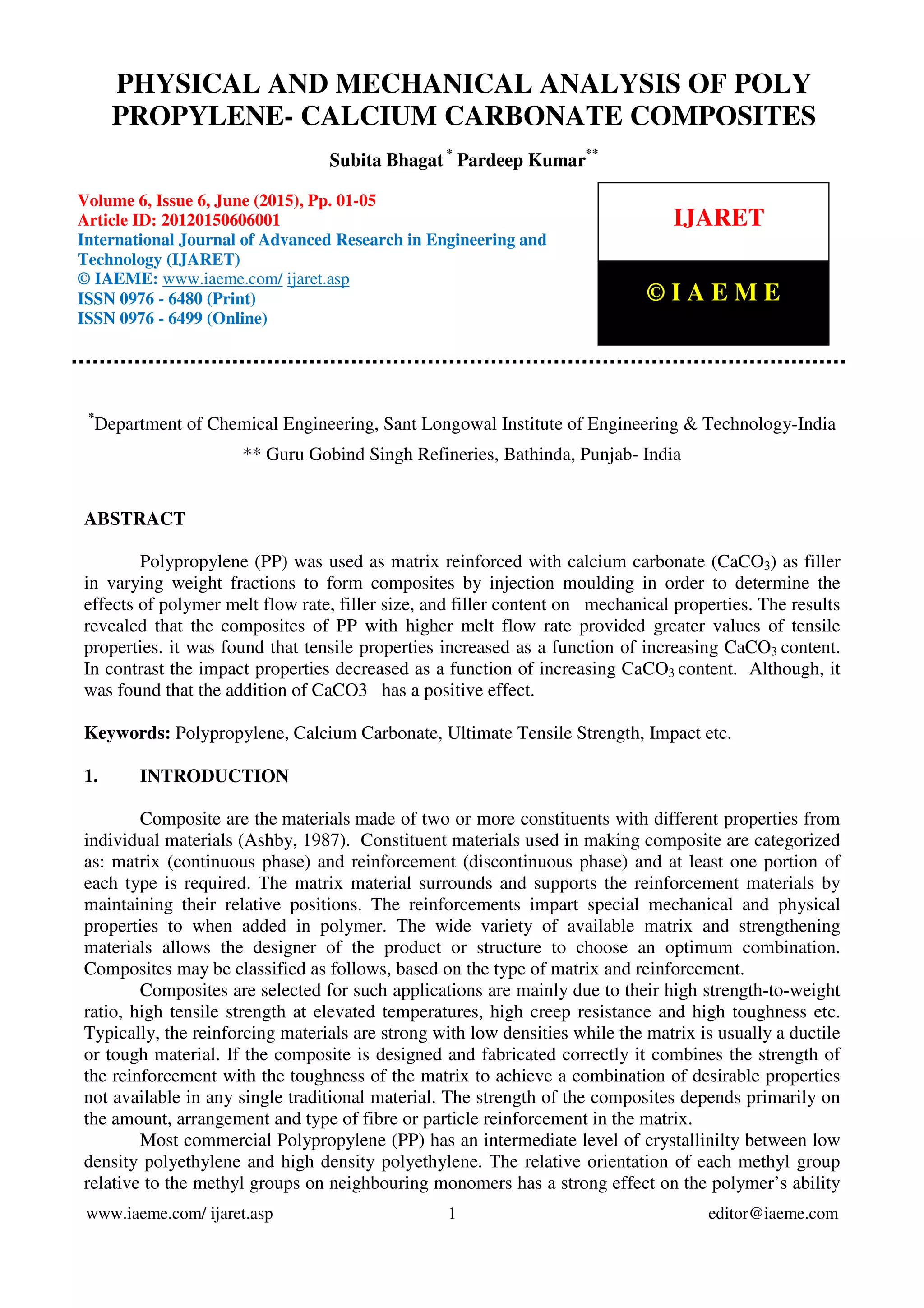 PHYSICAL AND MECHANICAL ANALYSIS OF POLY PROPYLENE- CALCIUM CARBONATE ...
