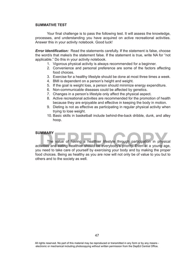 Grade 10 Physical Education - Learning Material {Unit 1:Active Recreation (Sports)} | PDF