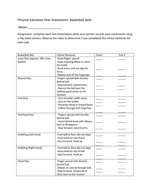 Physical education peer assessment dr jones | DOCX | Basketball | Sports
