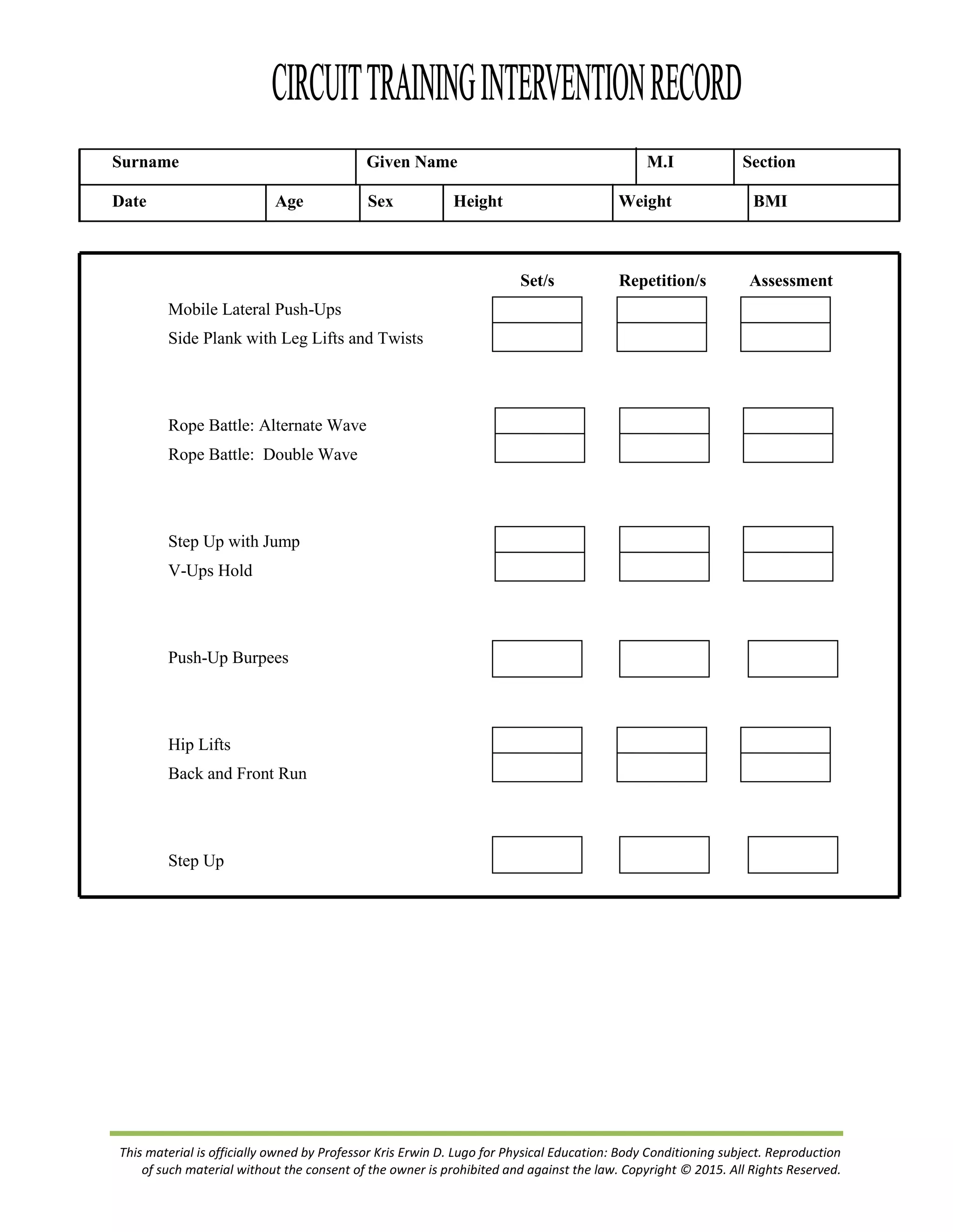 Physical Education- Physical Fitness Pre & Post Test / Circuit Training ...