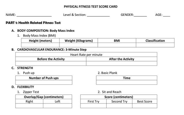 PHYSICAL FITNESS TEST SCORE CARD | PDF