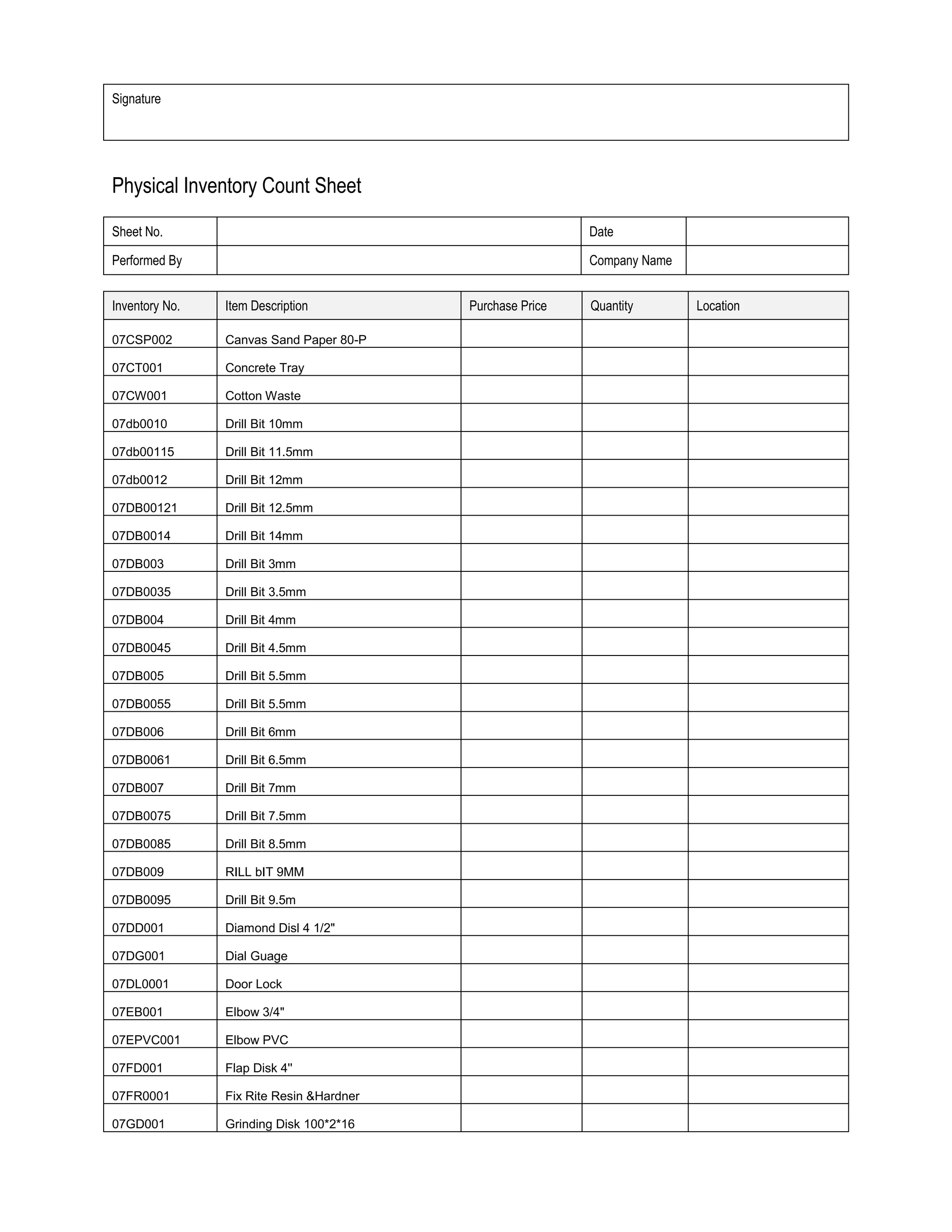 Physical inventory count sheet | DOCX