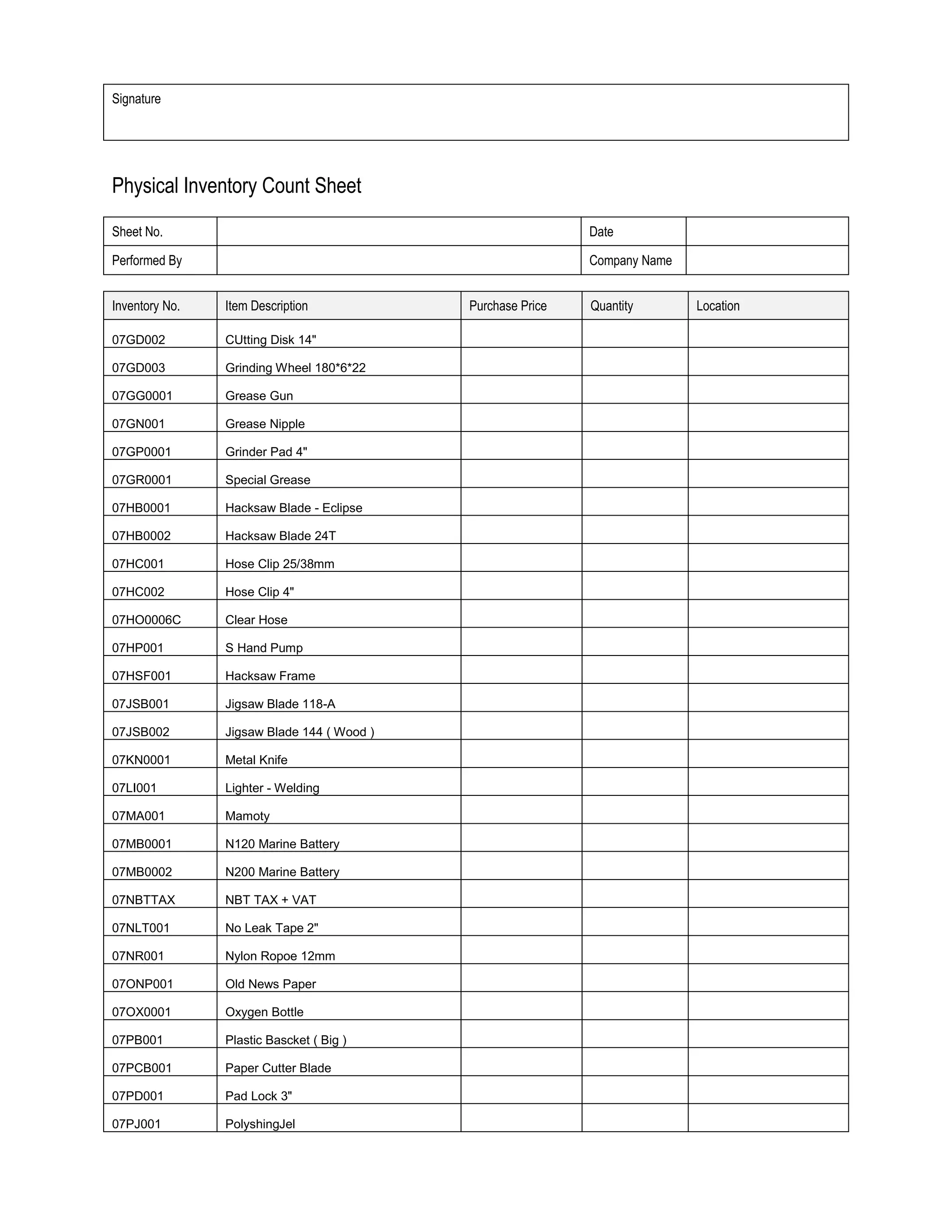 Physical inventory count sheet | DOCX