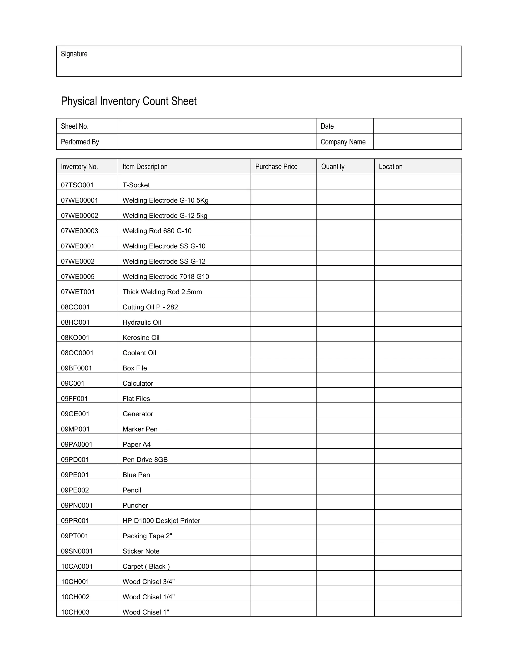 Physical inventory count sheet | DOCX