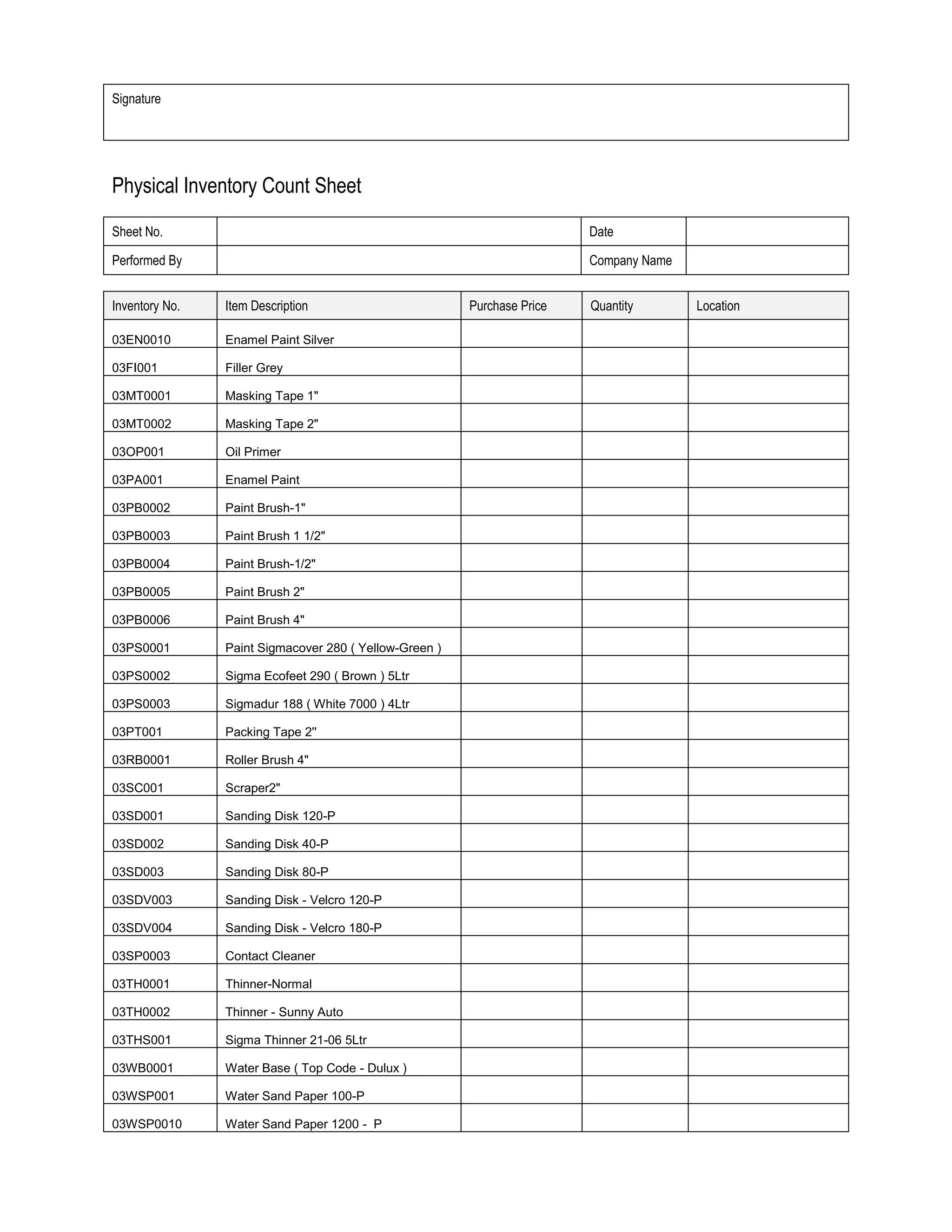 Physical inventory count sheet | DOCX