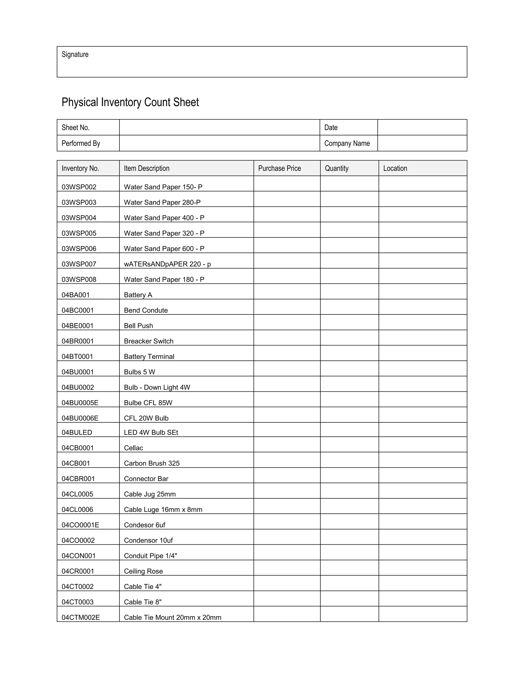 Physical inventory count sheet | DOCX