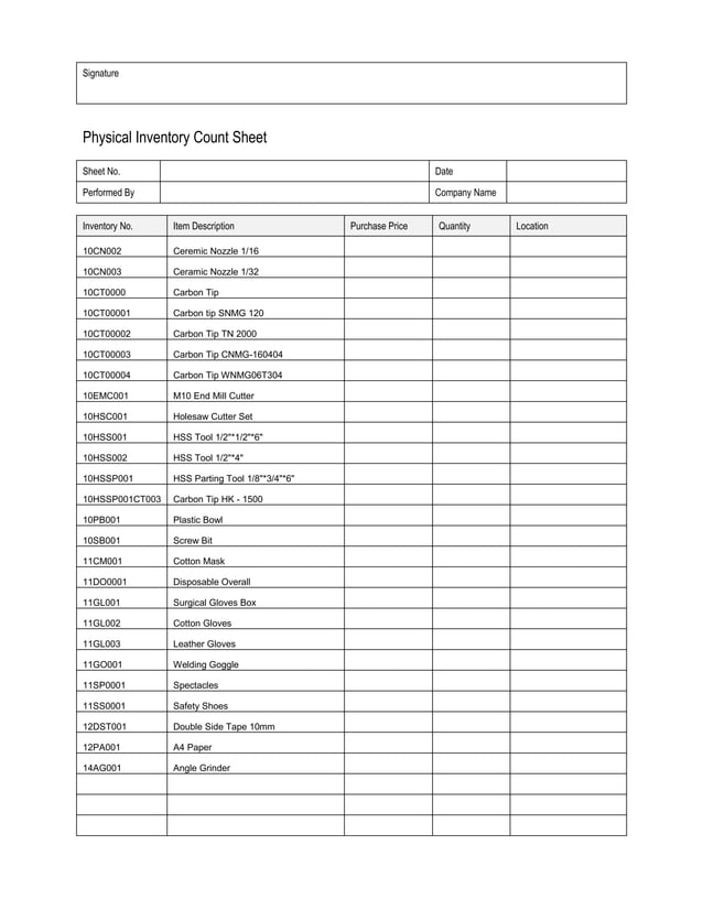 Physical inventory count sheet