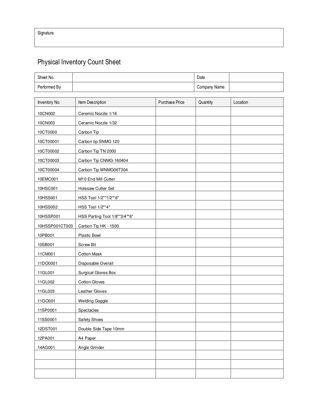 Physical inventory count sheet