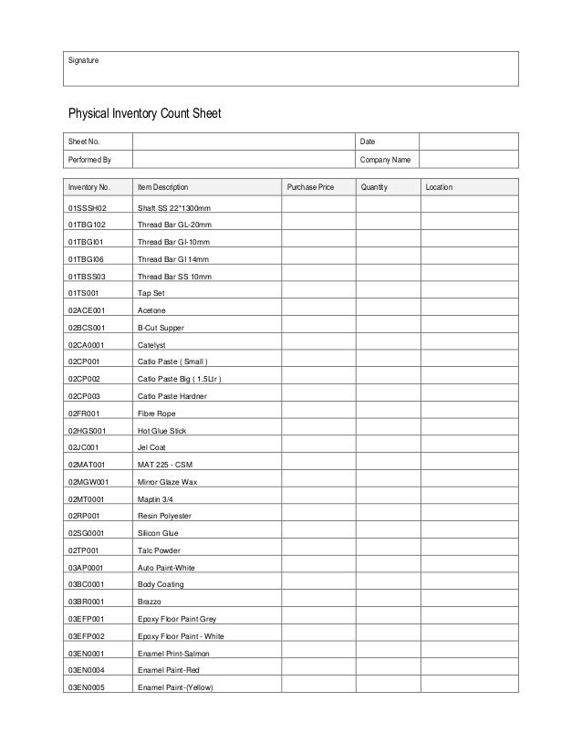 Physical inventory count sheet