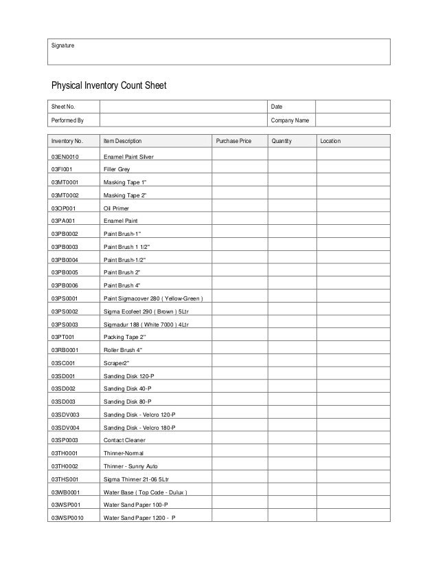Physical inventory count sheet