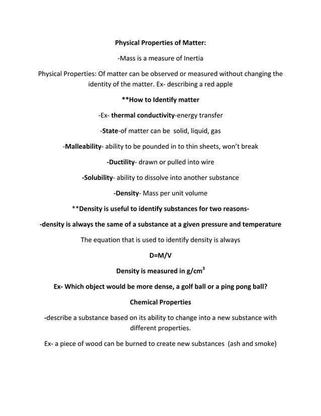 Physical Properties Of Matter Notes | DOCX | Chemistry | Science