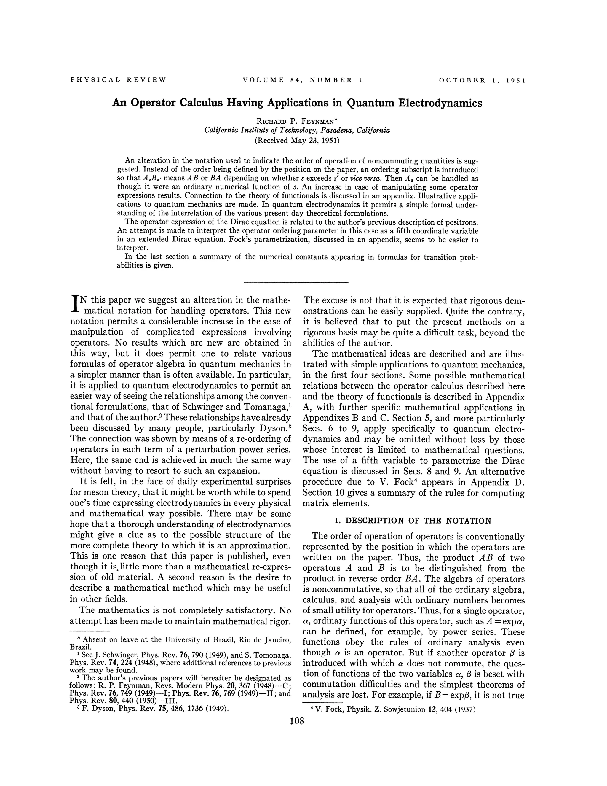 (Physical review, vol. 84, 1951) feynman, r.p. an operator calculus having applications in ...