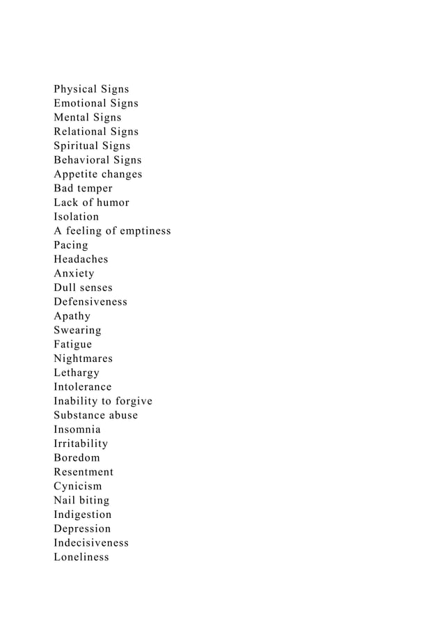 Physical SignsEmotional SignsMental Signs Relational Signs .docx