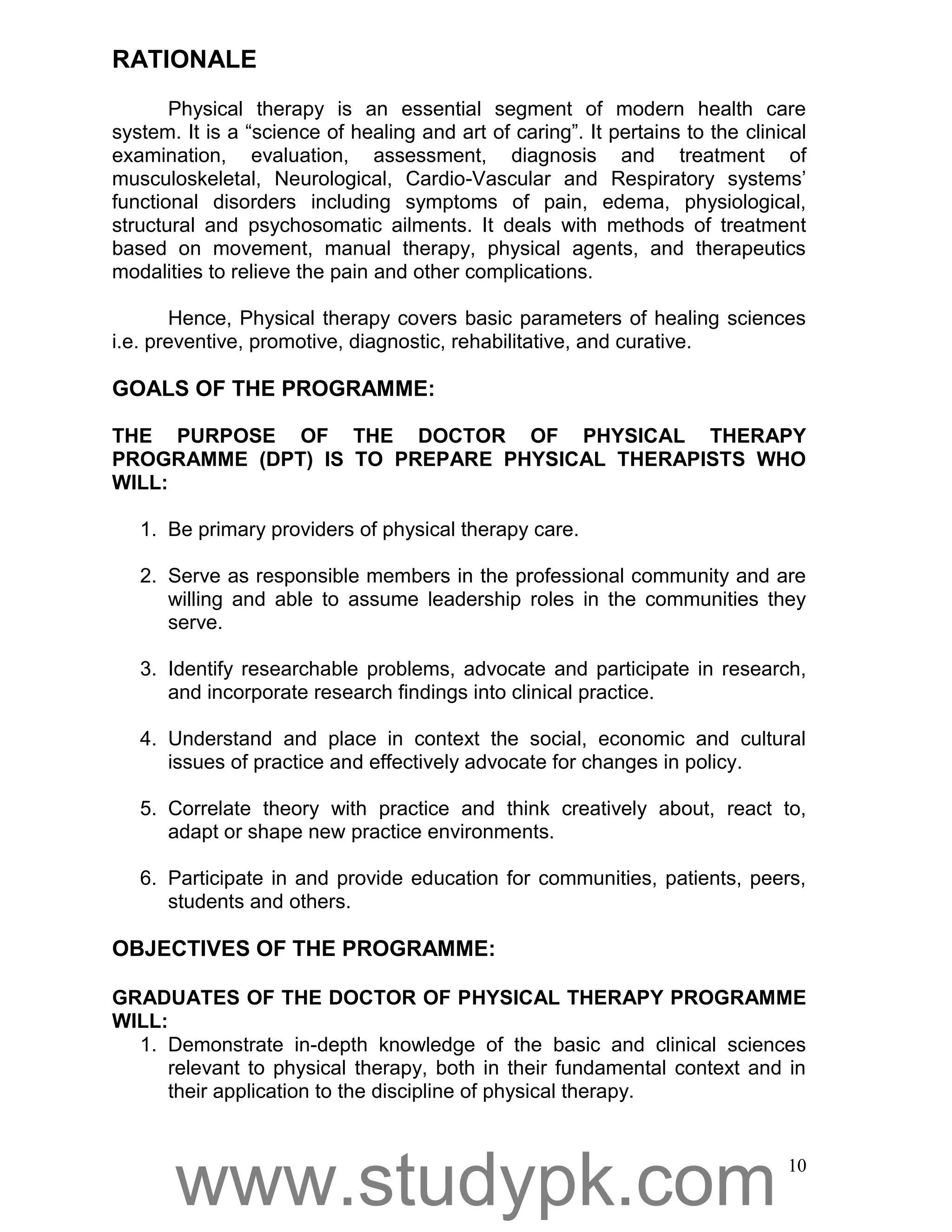 HEC Curriculum of Doctor of Physical Therapy (DPT) | PDF