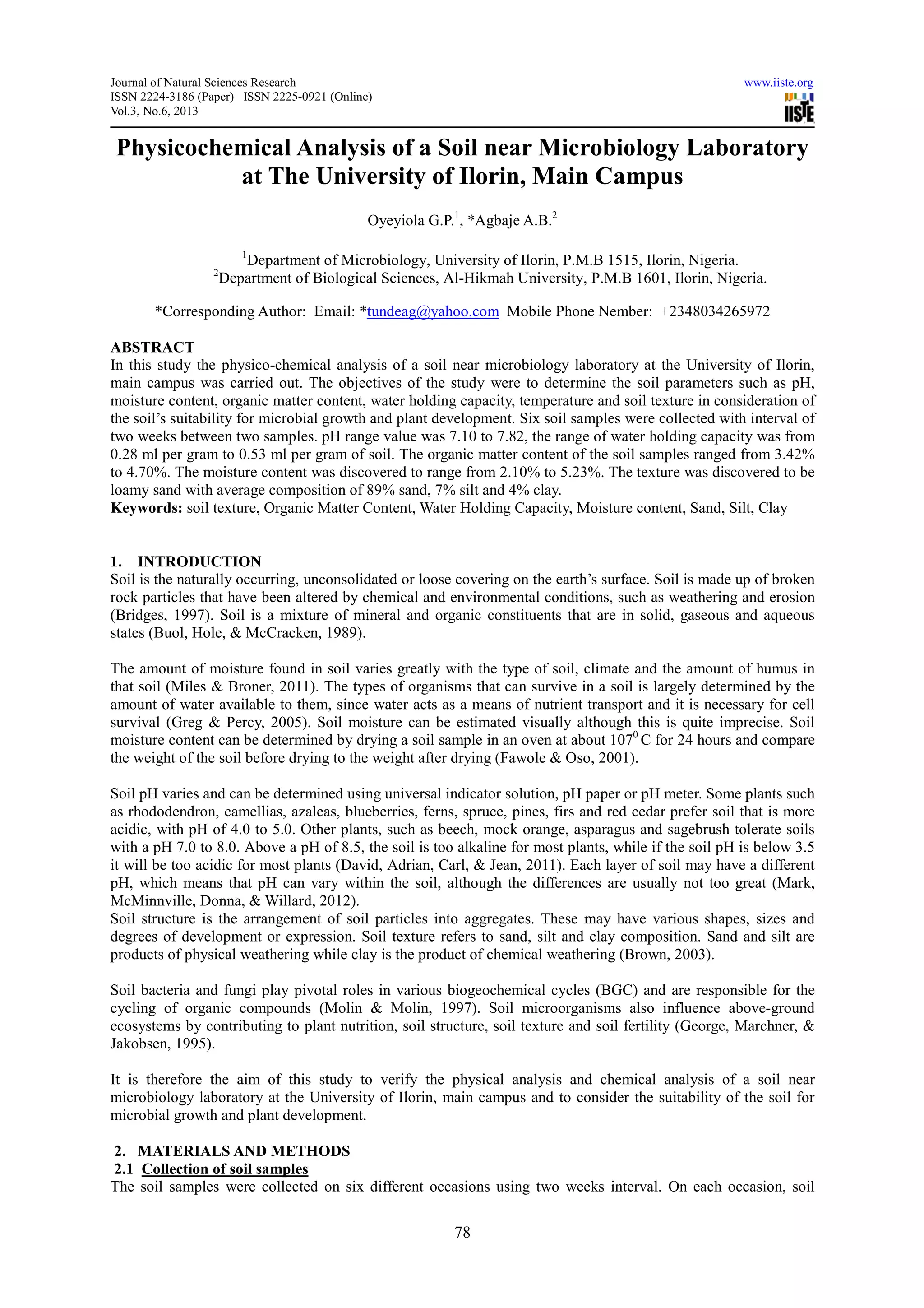 Physicochemical analysis of a soil near microbiology laboratory at the ...