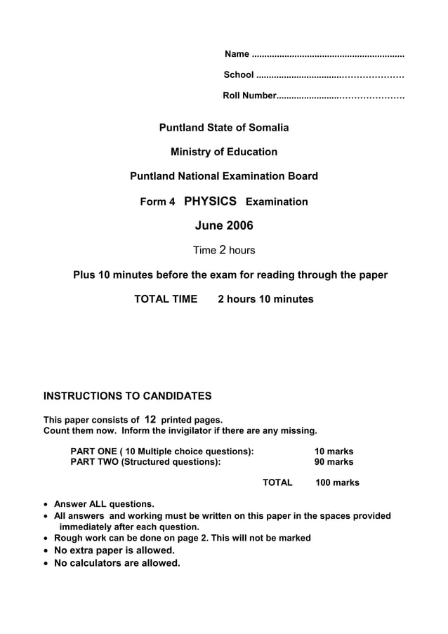 Physics 2006 PNEB (PUNTLAND NATIONAL EXAMINATION BOARD) | PDF