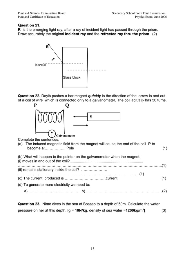 Physics 2006 PNEB (PUNTLAND NATIONAL EXAMINATION BOARD) | PDF