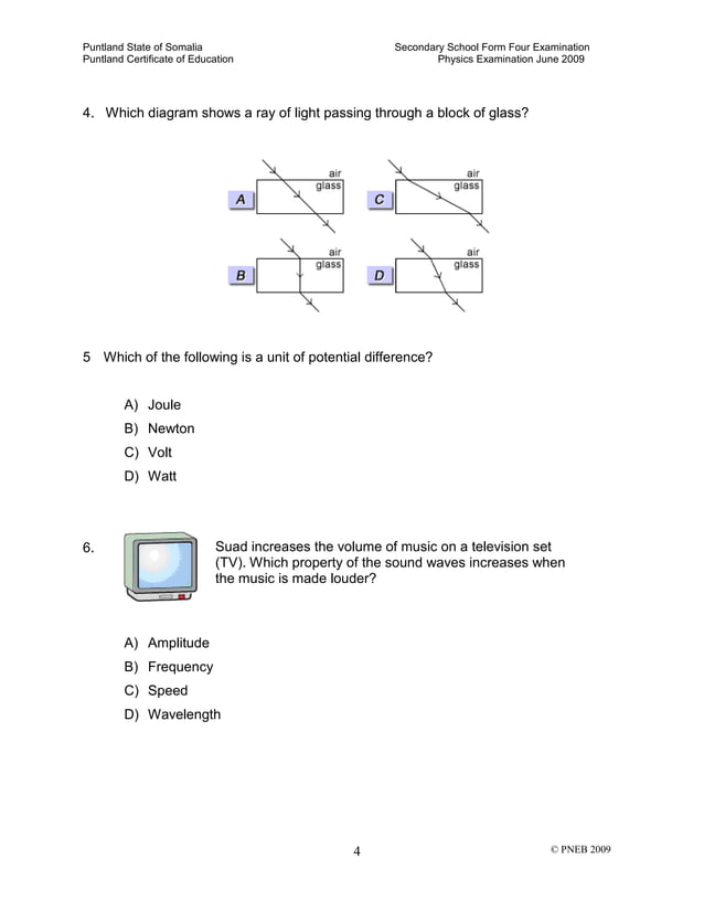Physics 2009 PNEB (PUNTLAND NATIONAL EXAMINATION BOARD) | PDF