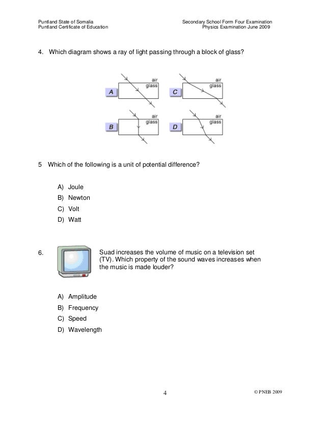 Physics 2009 Pneb Puntland National Examination Board