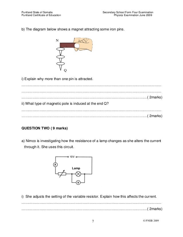 Physics 2009 Pneb Puntland National Examination Board