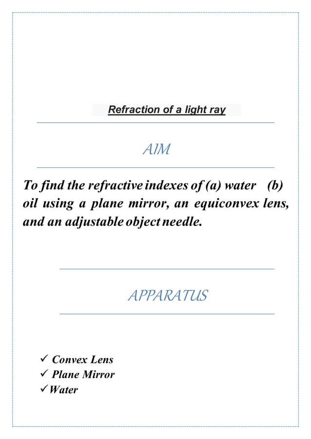 To find the refractive indexes of (a) water,(b) oil using a plane ...