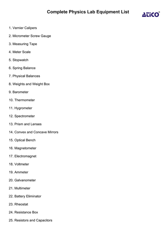 Physics Lab Equipment List for High School | PDF