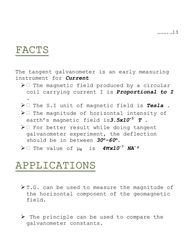 Physics Earth magnetic field using tangent galvanometer | DOCX | Physics | Science