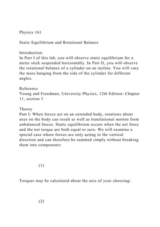 Physics 161Static Equilibrium and Rotational Balance Intro.docx