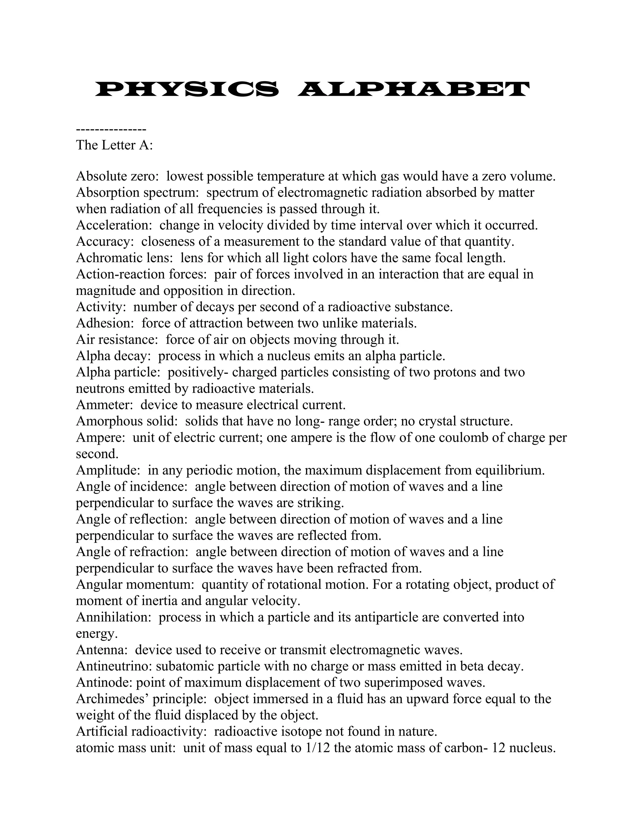 Physics Alphabet | DOCX