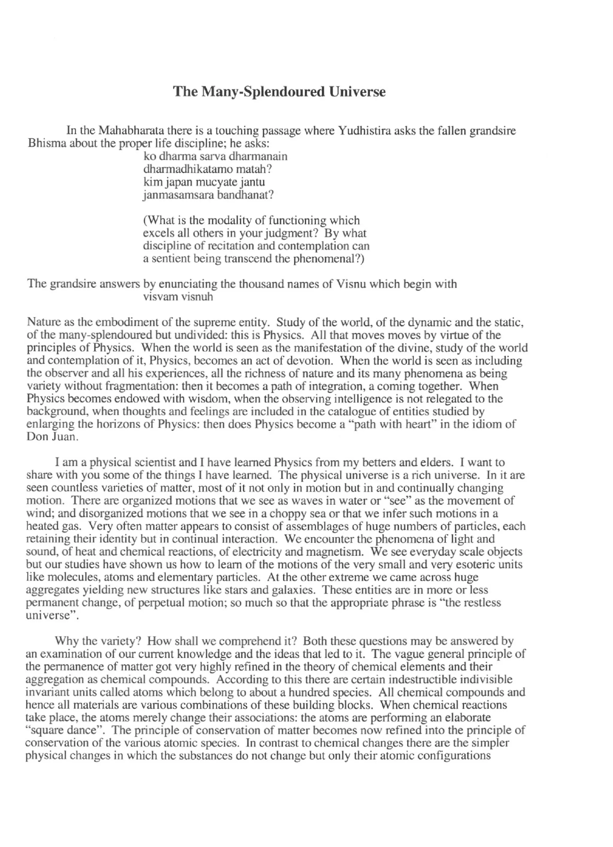 Physics as a spiritual discipline george sudarshan | PDF