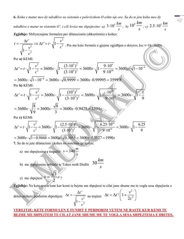Zgjidhja e detyrave te kapitullit “Fizika Relativiste” te libri “Fizika 12”, per gjimnazin e ...