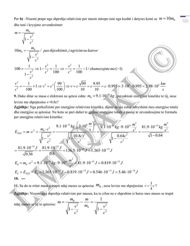 Zgjidhja e detyrave te kapitullit “Fizika Relativiste” te libri “Fizika 12”, per gjimnazin e ...