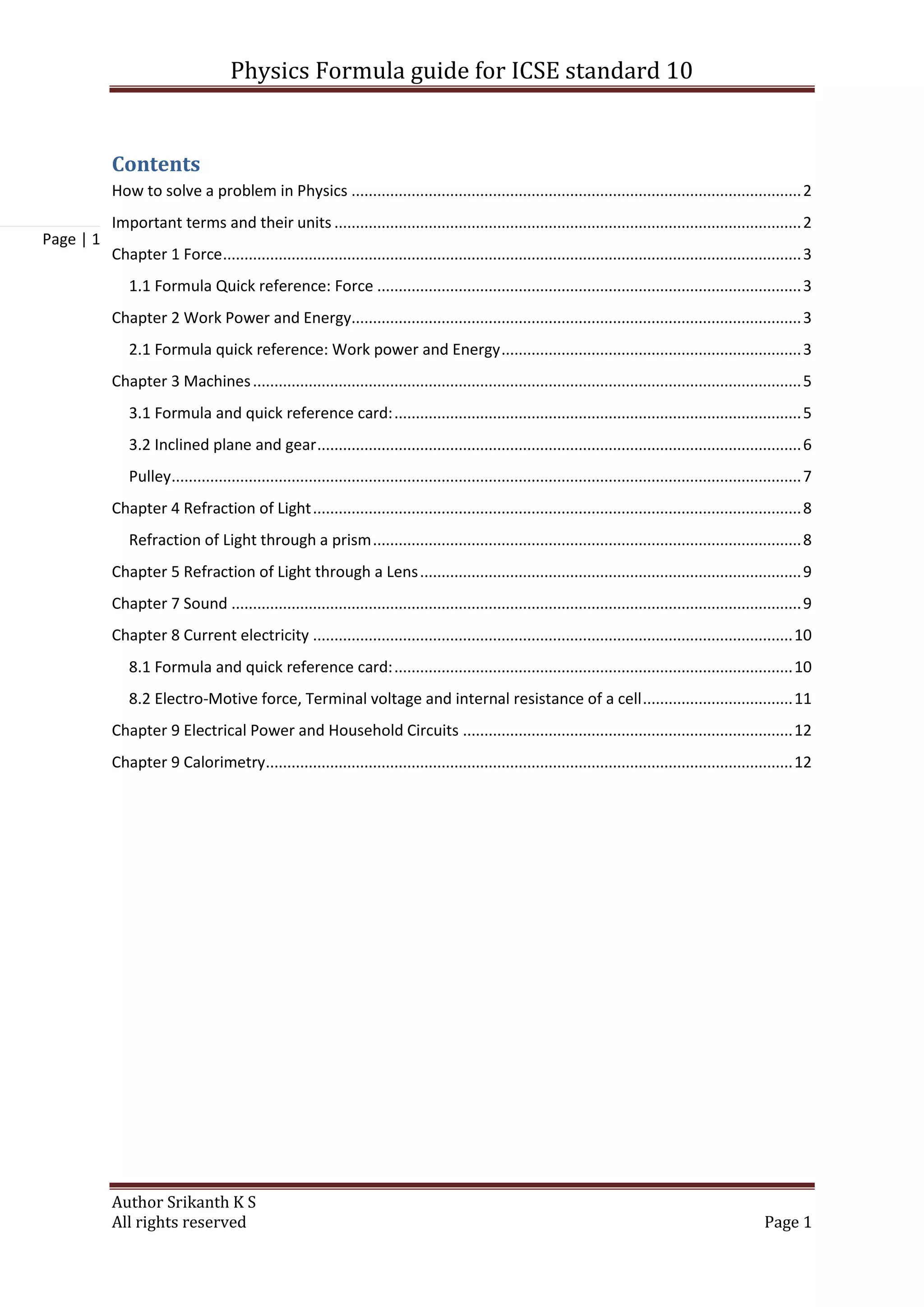 Physics formula ICSE_Standard 10 | PDF