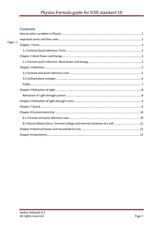 Physics formula ICSE_Standard 10 | PDF