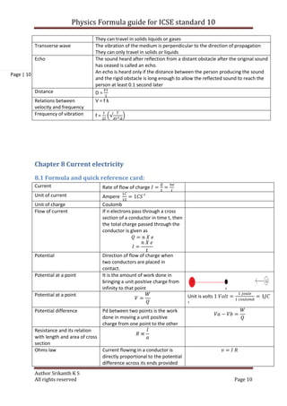 Physics formula ICSE_Standard 10 | PDF