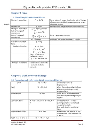 Physics formula ICSE_Standard 10 | PDF