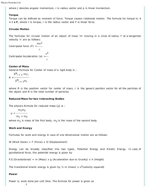Physics Formulas For Class 10 Physics Formulas List