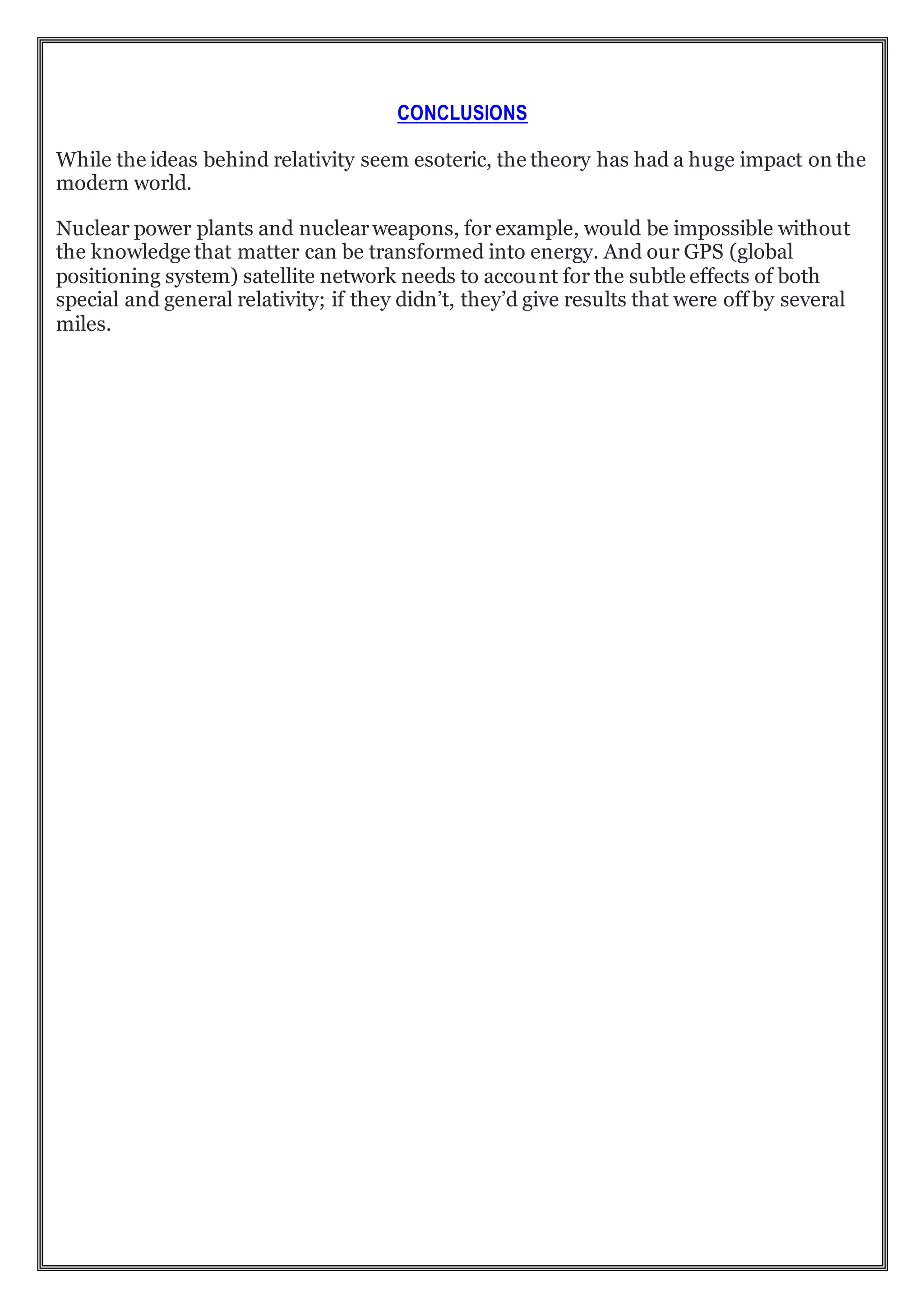 PHYSICS INVESTIGATORY PROJECT ON THEORY OF RELATIVITY HYPOTHESIS AND ...