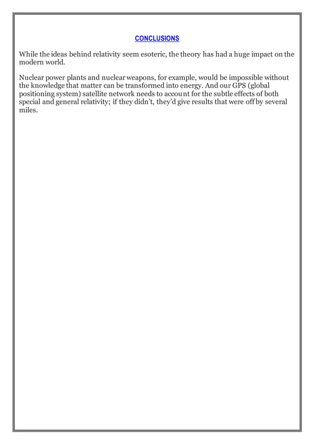 PHYSICS INVESTIGATORY PROJECT ON THEORY OF RELATIVITY HYPOTHESIS AND CONCLUSIONS FOR CLASS 12 ...