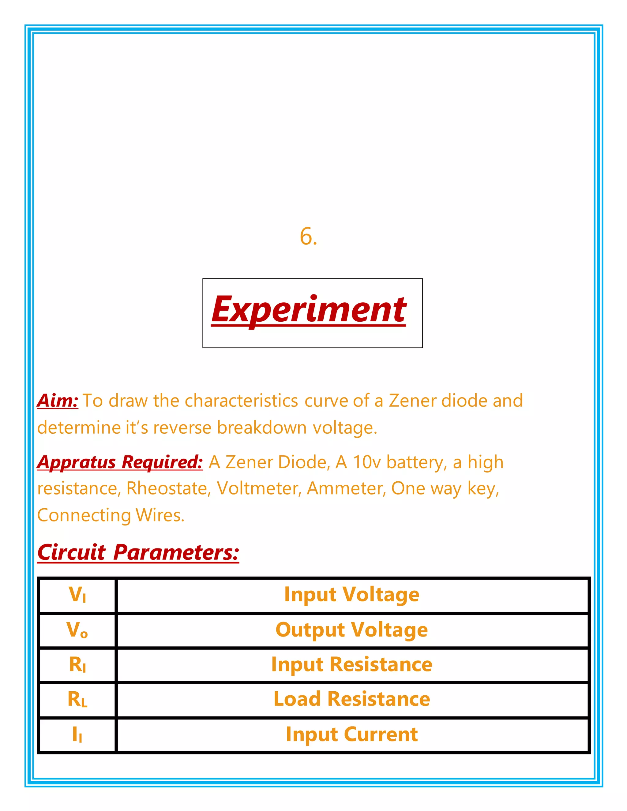 Physics Investigatory:To Study V-I Characteristics Of Zener Diode | DOCX
