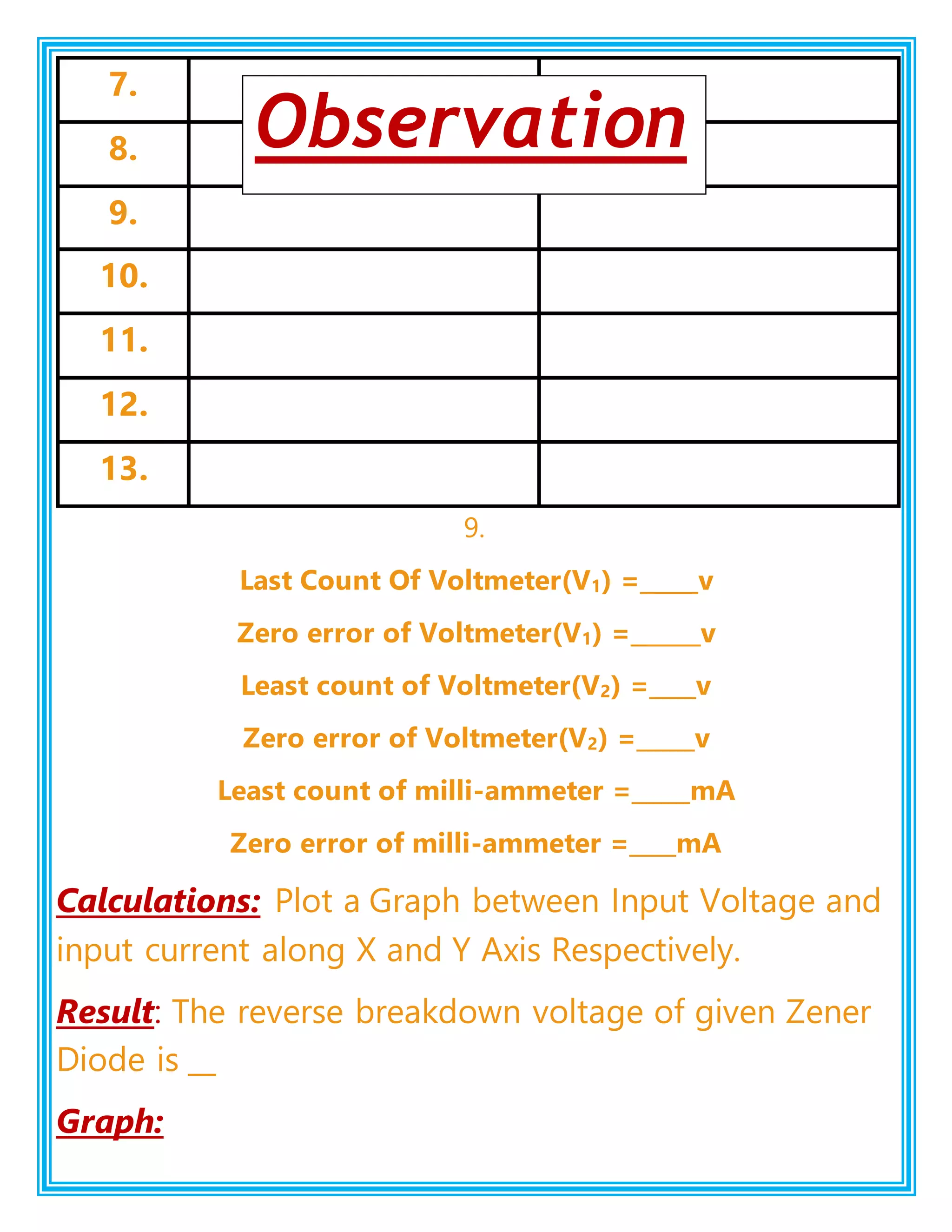 Physics Investigatory:To Study V-I Characteristics Of Zener Diode | DOCX