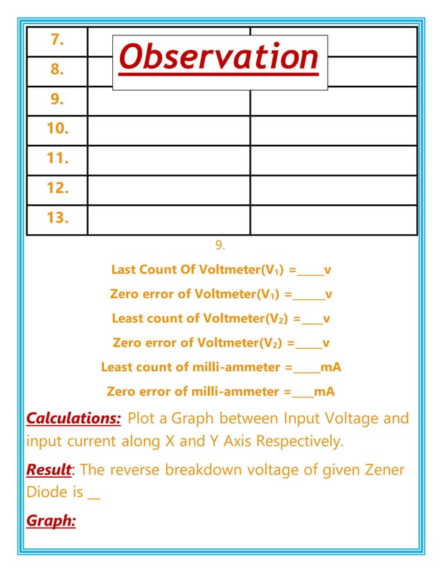 Physics Investigatory:To Study V-I Characteristics Of Zener Diode | DOCX