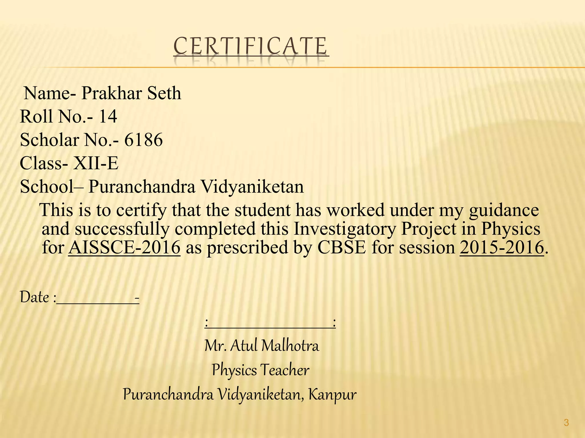 Physics investigatory project on Ohm's Law | PPTX