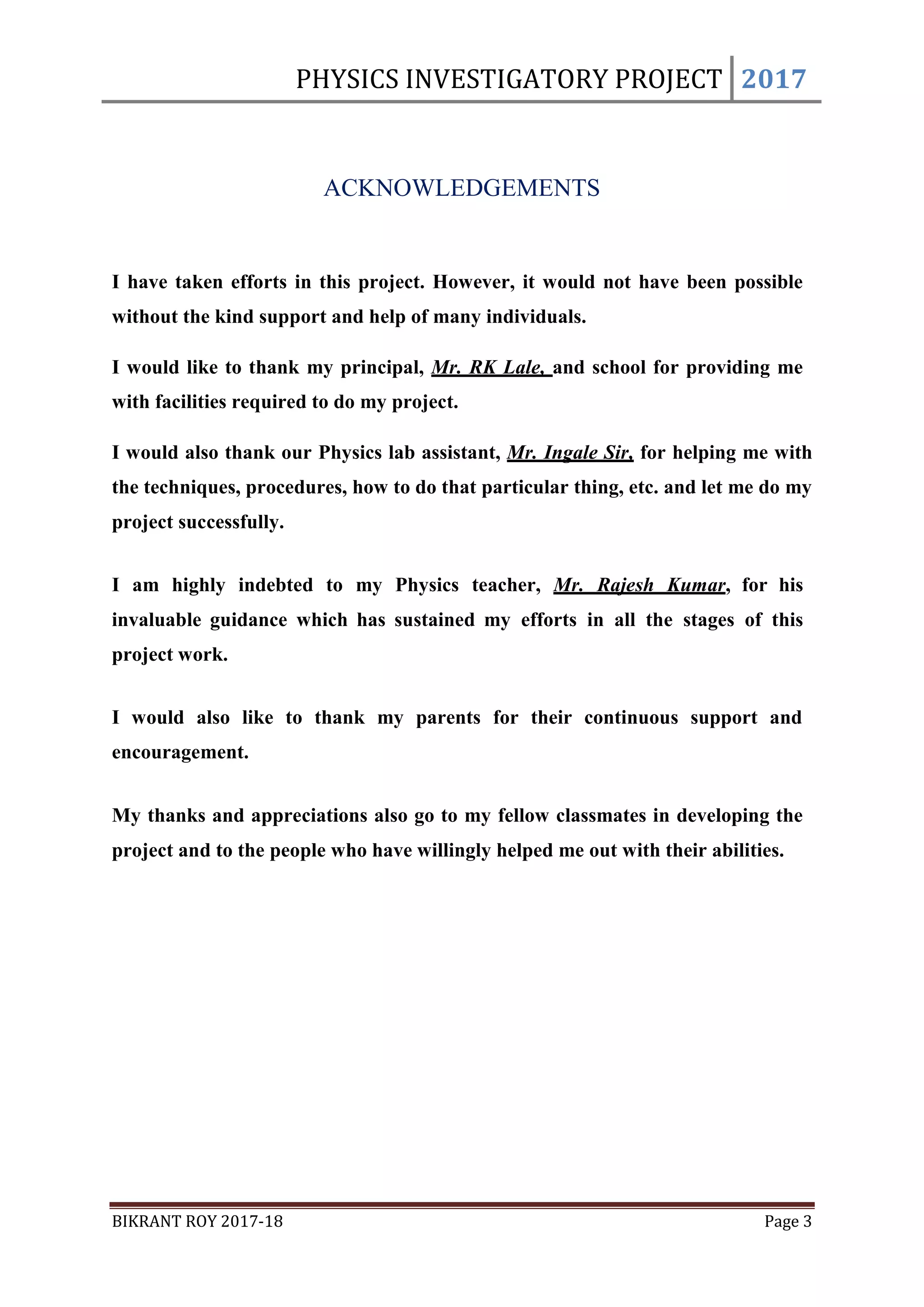 Physics Investigatory Project Class 11 & 12 | PDF