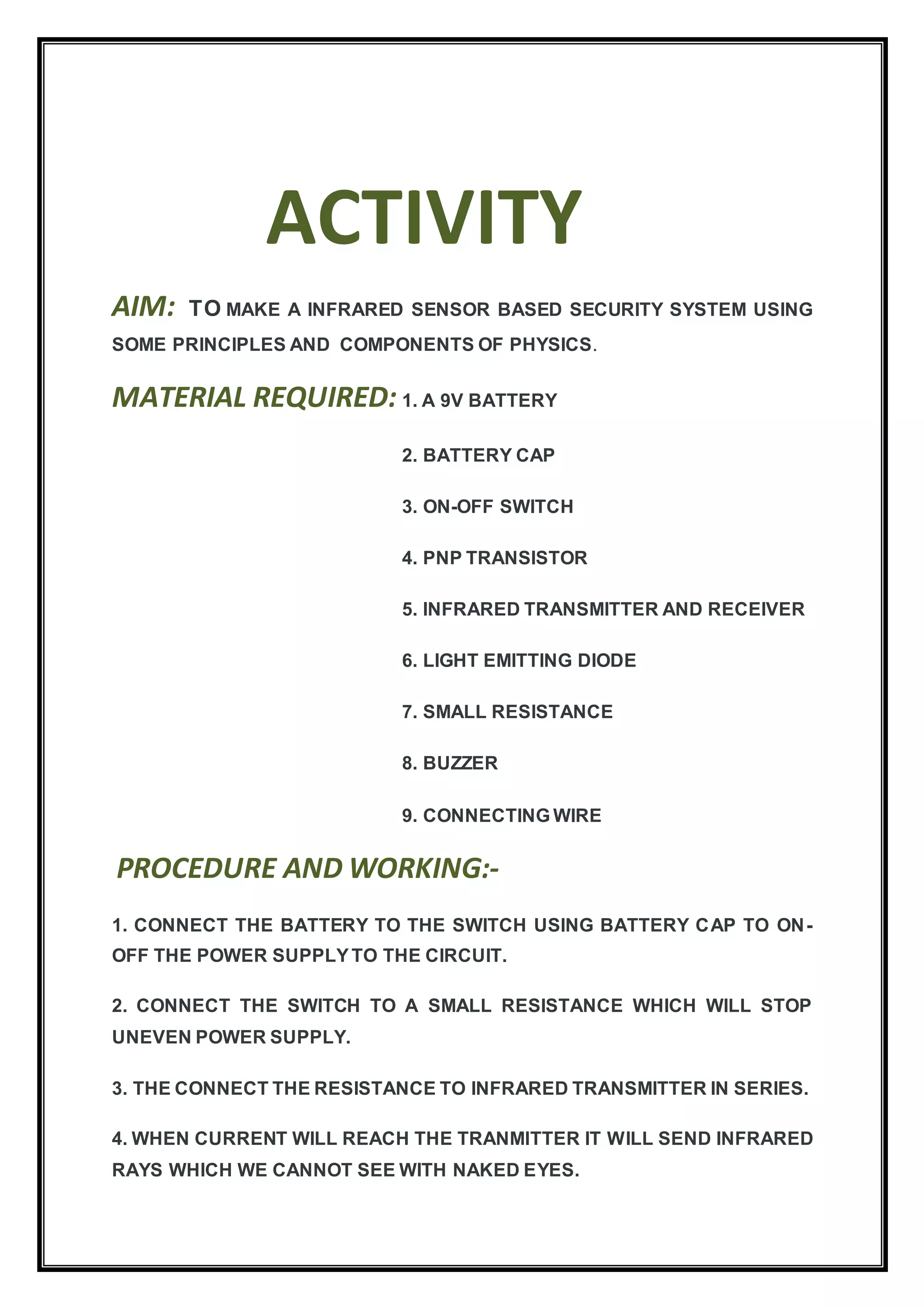 Physics investigatory project on ir based security system | DOCX