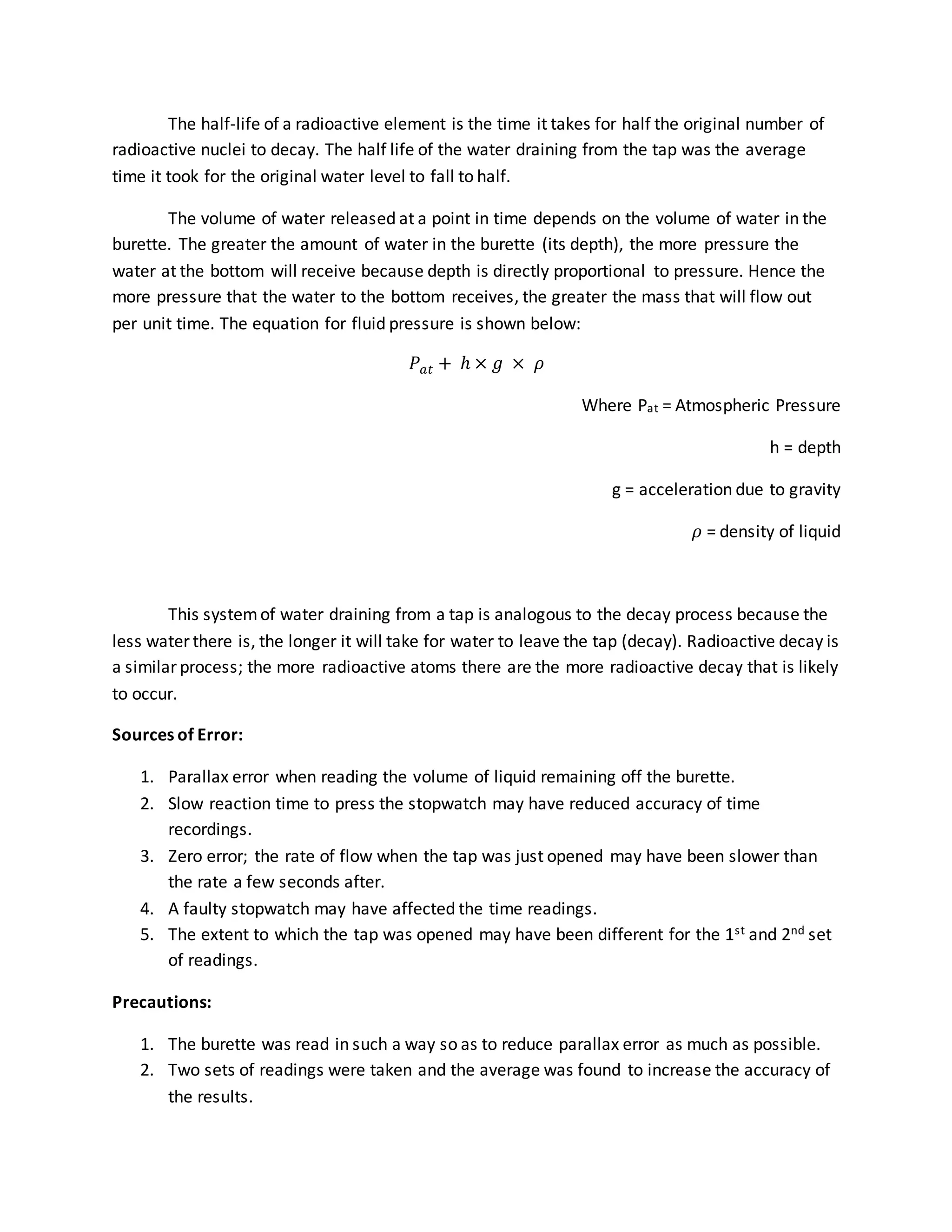 CSEC Physics Lab - Half Life of liquid draining from burette | DOCX