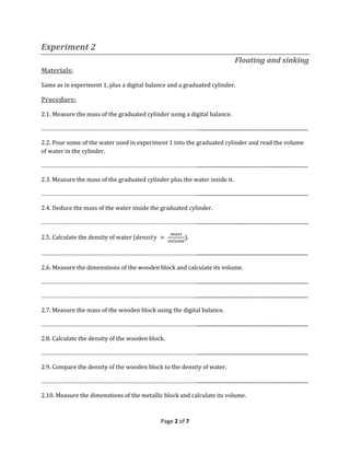 Physics lab worksheet - Archimedes upthrust | PDF