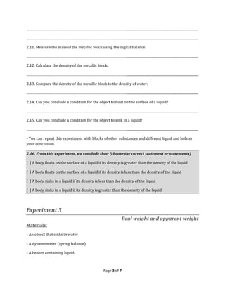 Physics lab worksheet - Archimedes upthrust | PDF