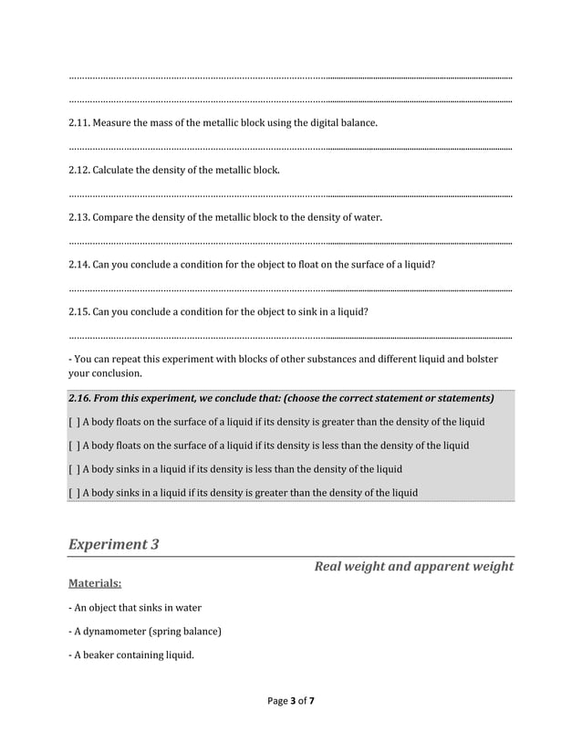 Physics lab worksheet - Archimedes upthrust | PDF | Woodworking | Arts ...